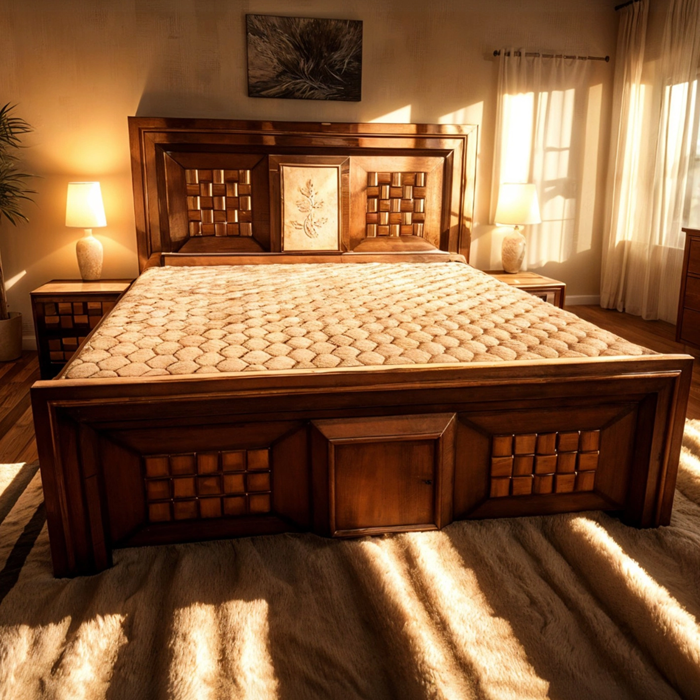 Elegant Solid Wood Bed with Carved Floral Panel & Grid Accents | Singh ...